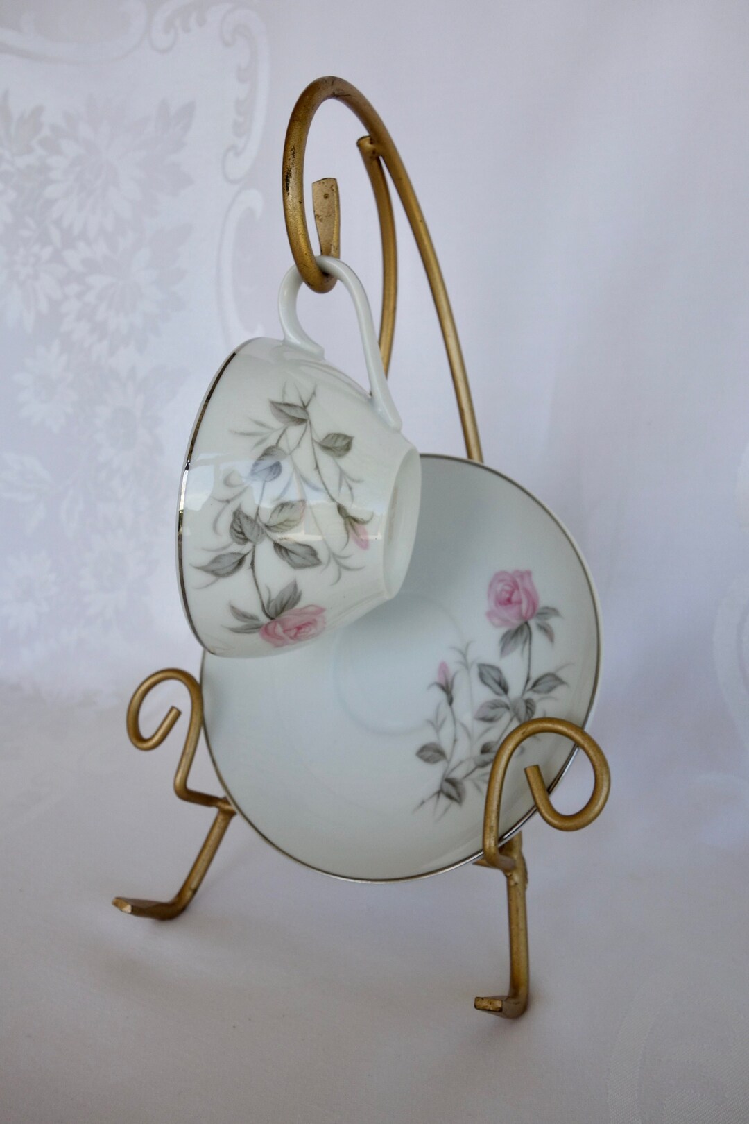 Cathy Rose Tea Cup and Saucer Made in Japan Royal Crest Pink Roses Gray ...