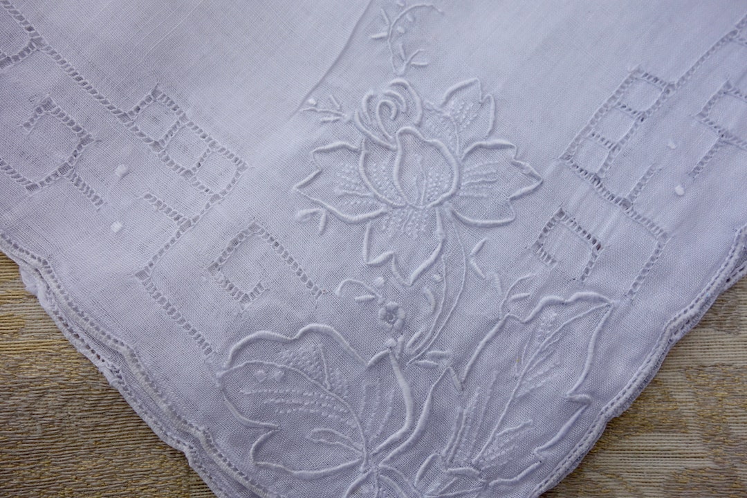Embroidered Linen Handkerchief: Wedding Hankie With Drawn Thread Rose ...