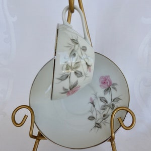 Cathy Rose Tea Cup and Saucer Made in Japan Royal Crest Pink Roses Gray ...