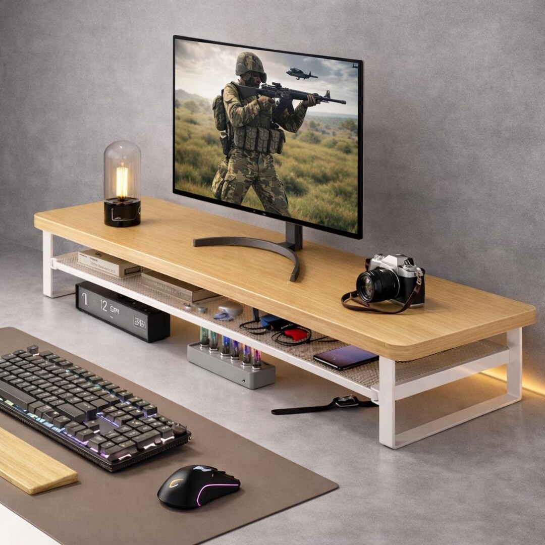 Wood & Metal Desk Monitor Stand – Modern Desk Organizer - Etsy