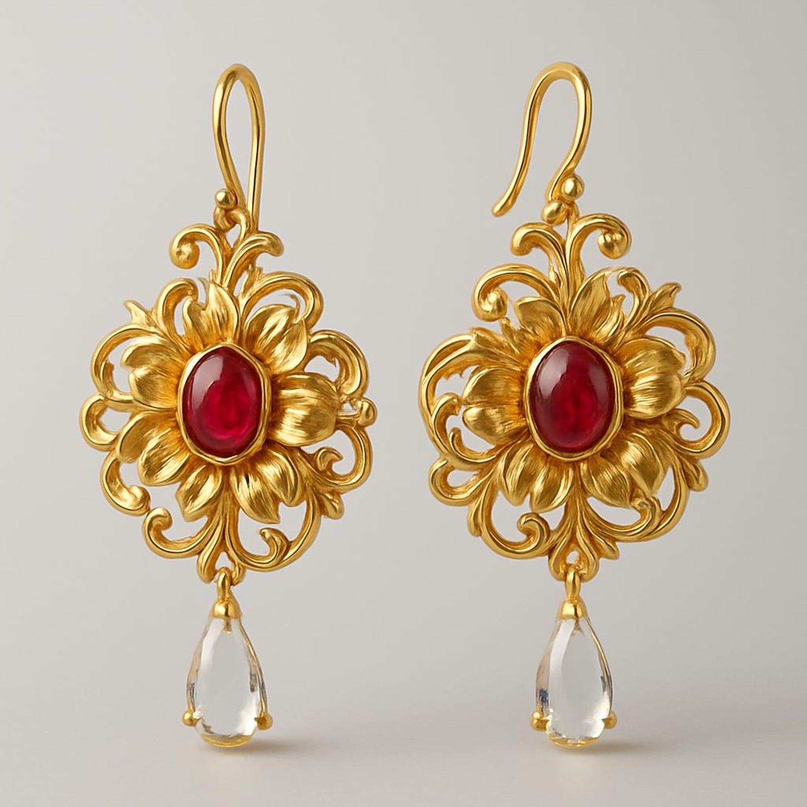 Baroque Floral Ruby Red Drop Earrings Gold Plated Sterling Silver With ...