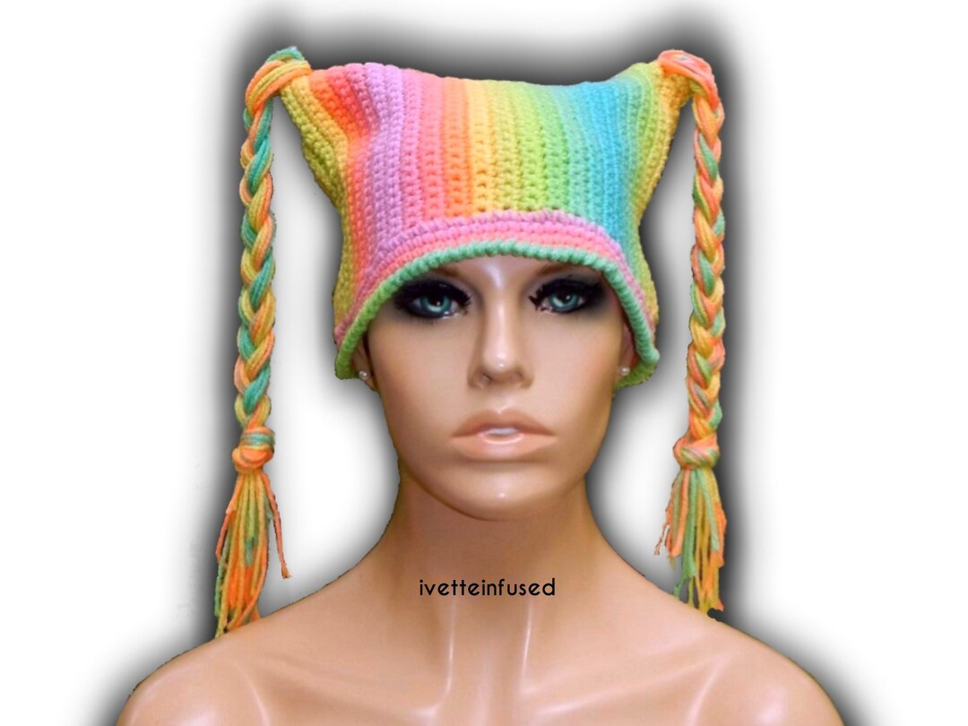 PASTEL RAINBOW Kitty Cat Winter Crochet Hat With Braids #handmade # ...
