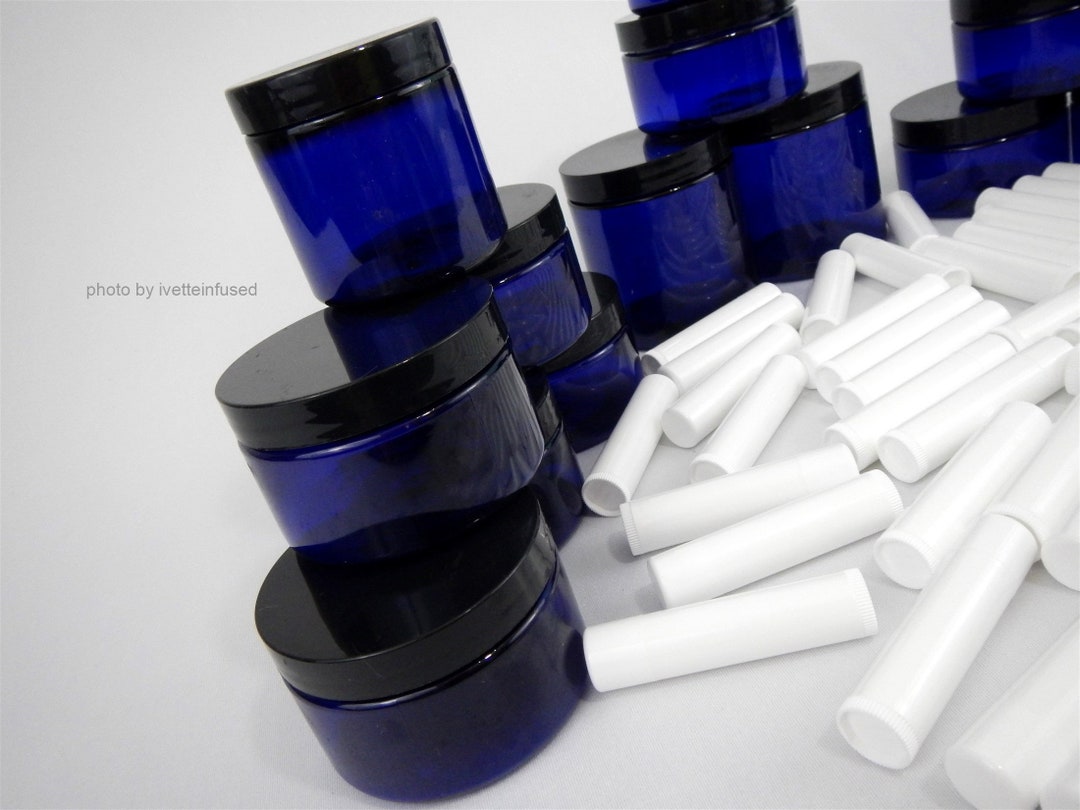 Set of 16 NEW Cobalt Blue Plastic Jars With Black, Screw-on Lids, and ...