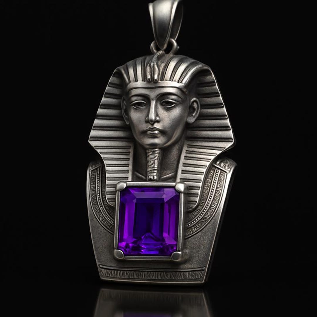 Sterling Silver Egyptian Pharaoh Pendant With Purple Gemstone, 925 King ...