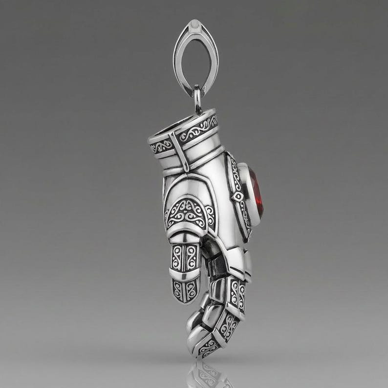 Sterling Silver Knight Gauntlet Pendant, Red Stone Medieval Glove ...