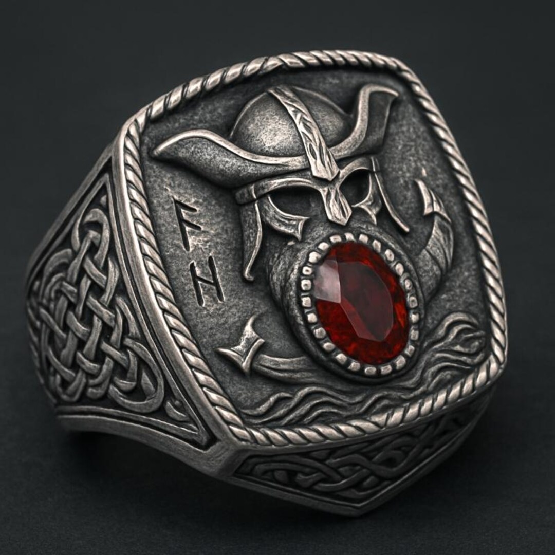 Viking Pirate Helmet Signet Ring in 925 Sterling Silver With Red Garnet ...