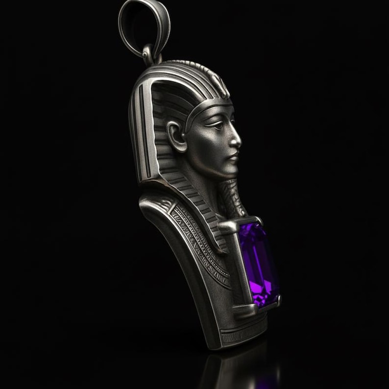 Sterling Silver Egyptian Pharaoh Pendant With Purple Gemstone, 925 King ...