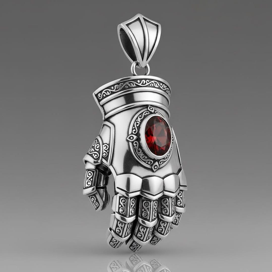 Sterling Silver Knight Gauntlet Pendant, Red Stone Medieval Glove ...
