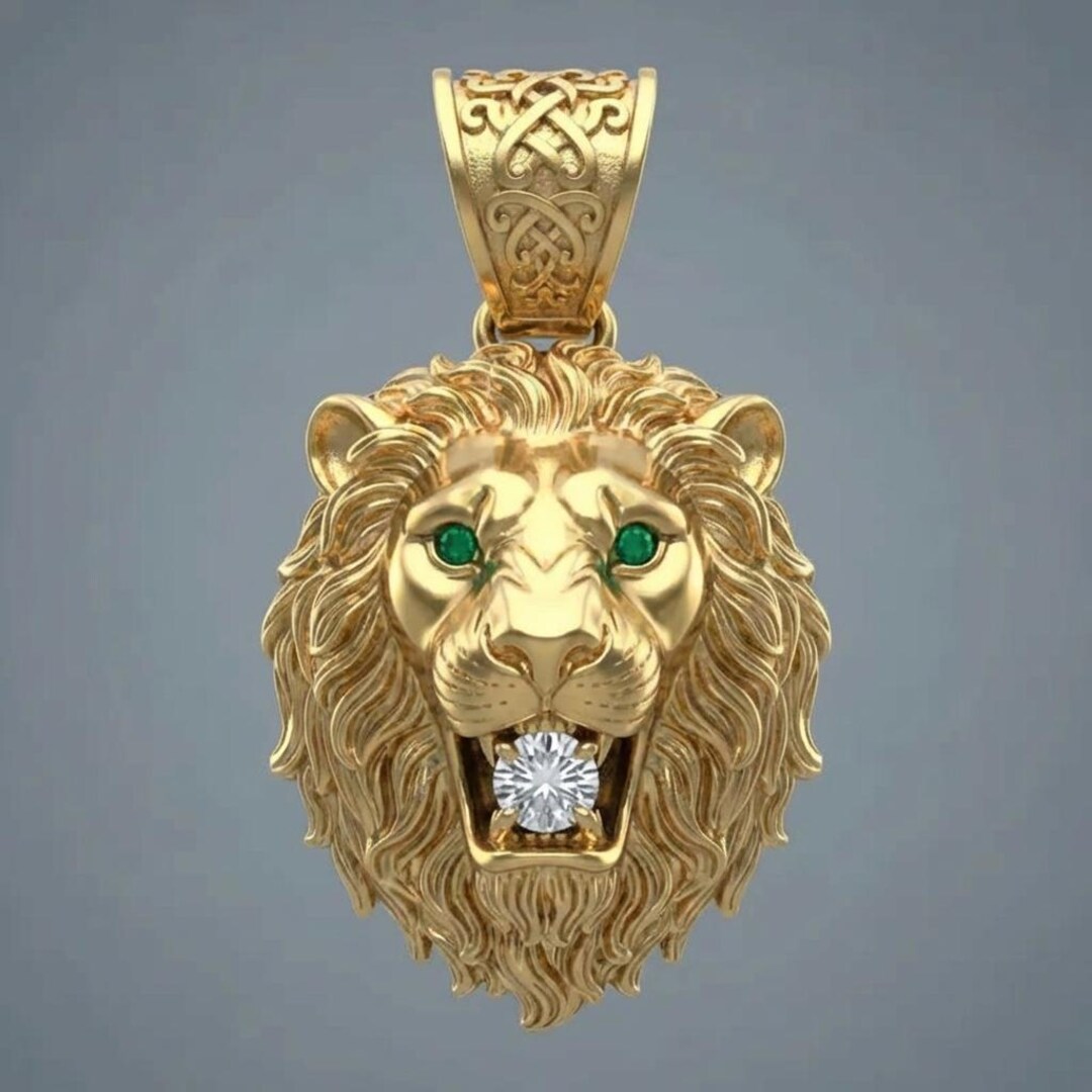Gold Lion Head Sterling Silver Pendant, Emerald Eyes, Gothic Heraldic ...