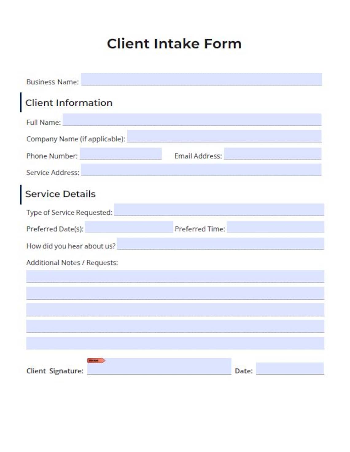Editable Client Intake Template for Service Providers | Printable Small ...