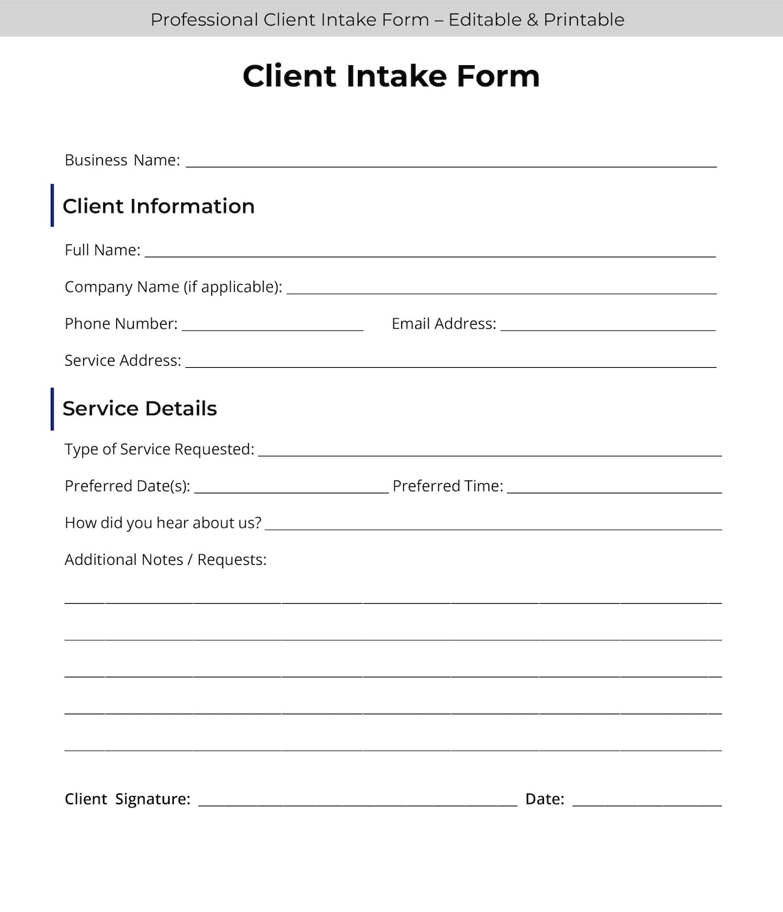 Editable Client Intake Template for Service Providers | Printable Small ...