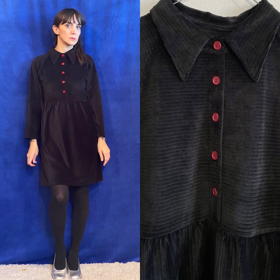 Black Ribbed Velvet Vintage Fabric Smock Dress With Buttons - Etsy