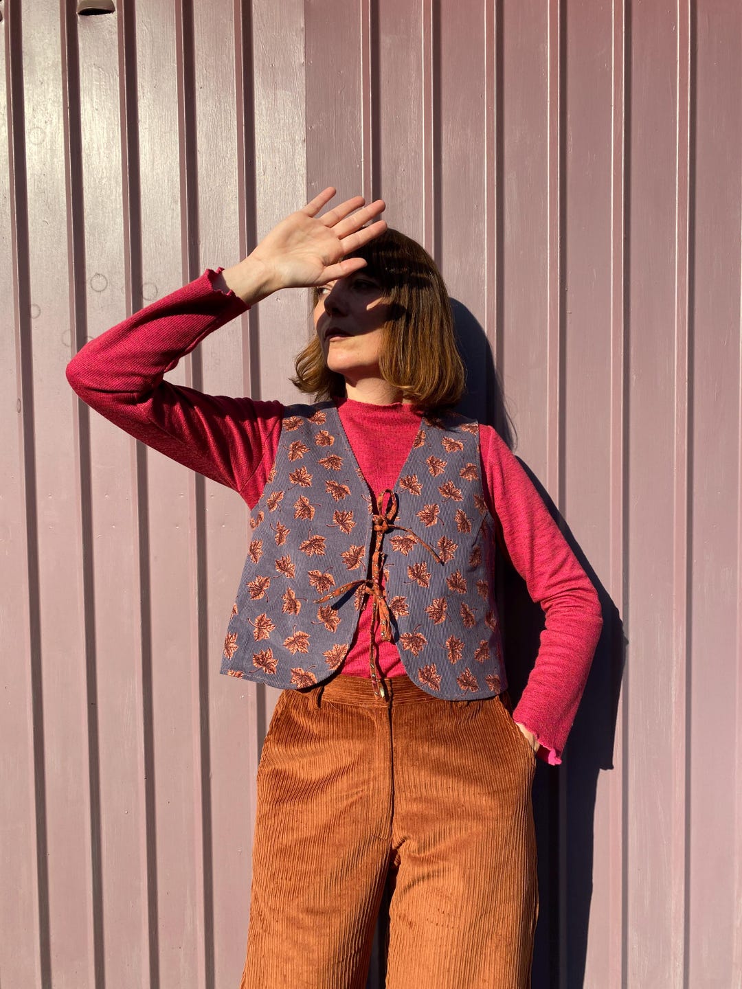 Handmade Reversible Corduroy Vest, Floral Leaf Print, Vintage Style ...