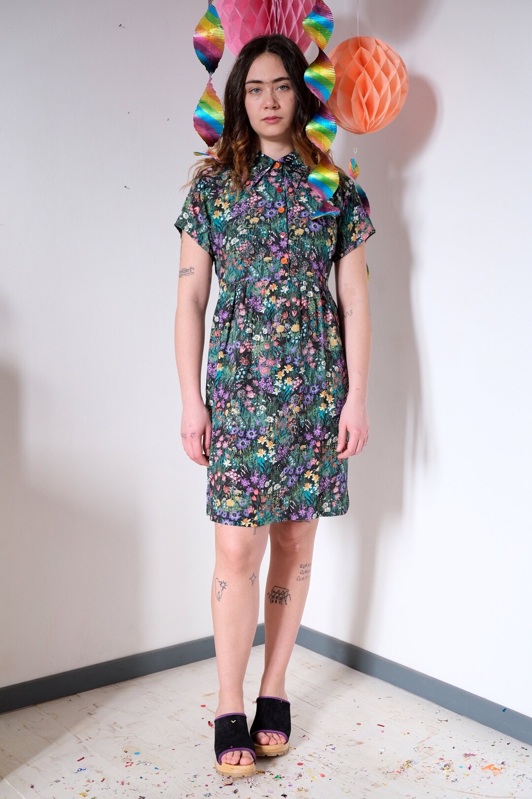 Flower Print Black Vintage Fabric Smock Dress With Buttons [hannover ...