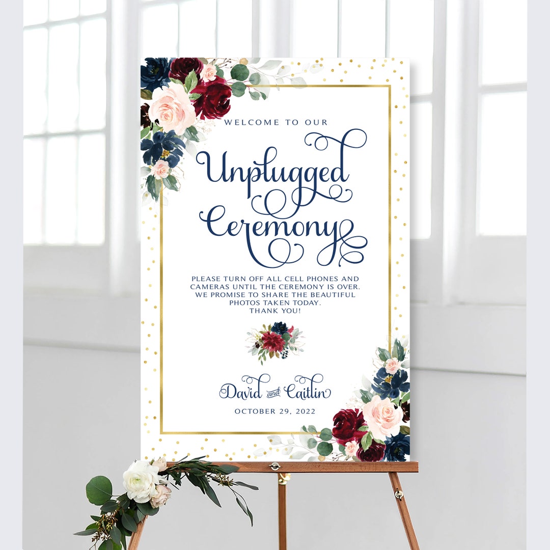 Burgundy and Navy Welcome to Our Unplugged Ceremony Sign | Various ...