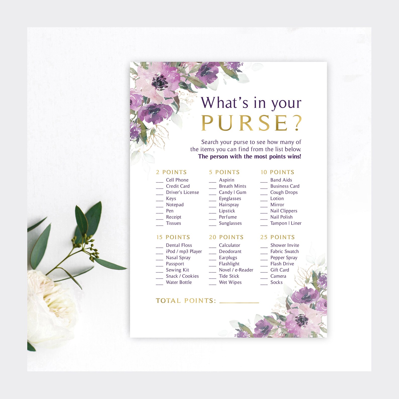 Purple Floral Shower Game What's in Your Purse Game | Etsy