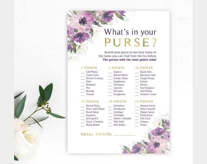 Purple Floral Shower Game What's in Your Purse Game Cards Purple Blooms ...