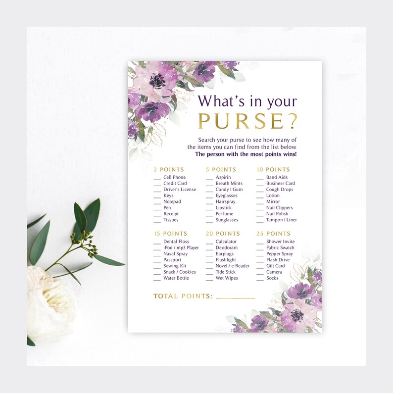 Purple Floral Shower Game What's in Your Purse Game | Etsy