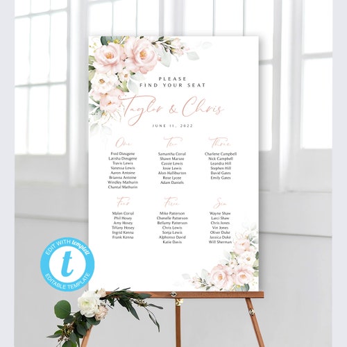 Seating Chart Template Dusky Pink Floral Wedding Seating - Etsy