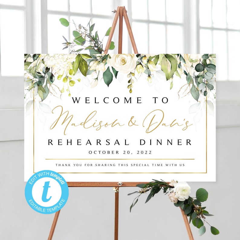 Greenery Rehearsal Dinner Welcome Sign & Invitation Templates (digital ...