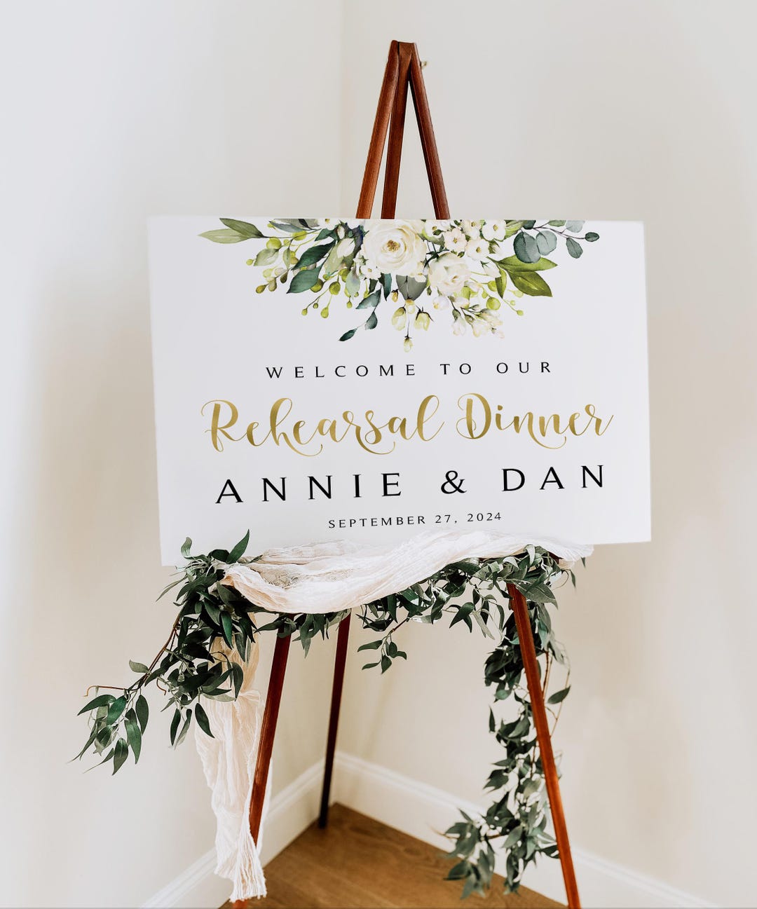 Greenery Rehearsal Dinner Welcome Sign: Cream & White Roses (DIY ...