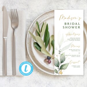 Greenery Shower Menu Editable Menu Templett Two Templates Shower Menu ...