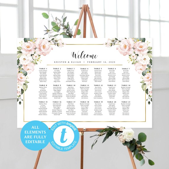 Pink Floral Seating Chart by Table EDIT With Templett 3 | Etsy