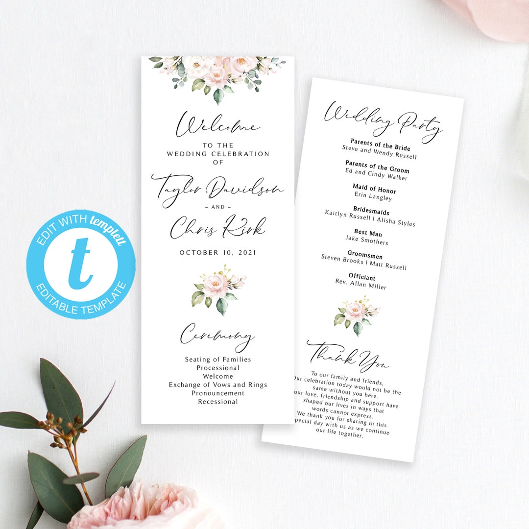 Pink Floral Wedding Program EDIT With Templett Editable Template ...