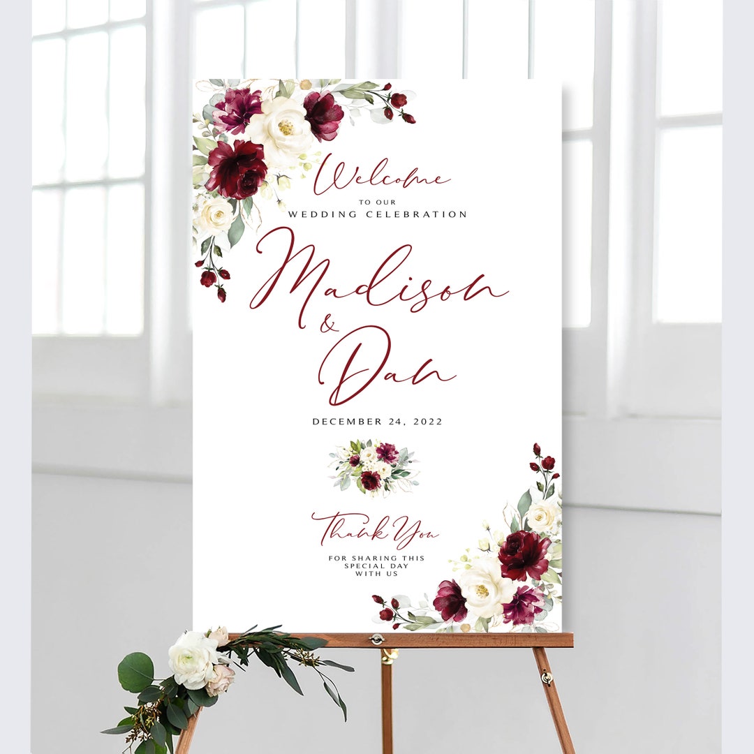 Burgundy and Cream Floral Wedding Welcome Sign Winter Wedding Custom ...