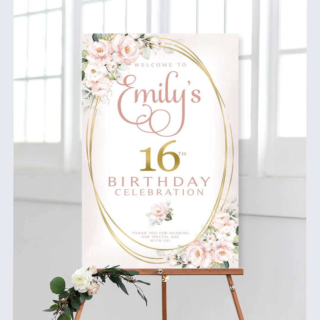 Sweet 16 Birthday Welcome Sign: Blush Roses Floral (digital Printable ...