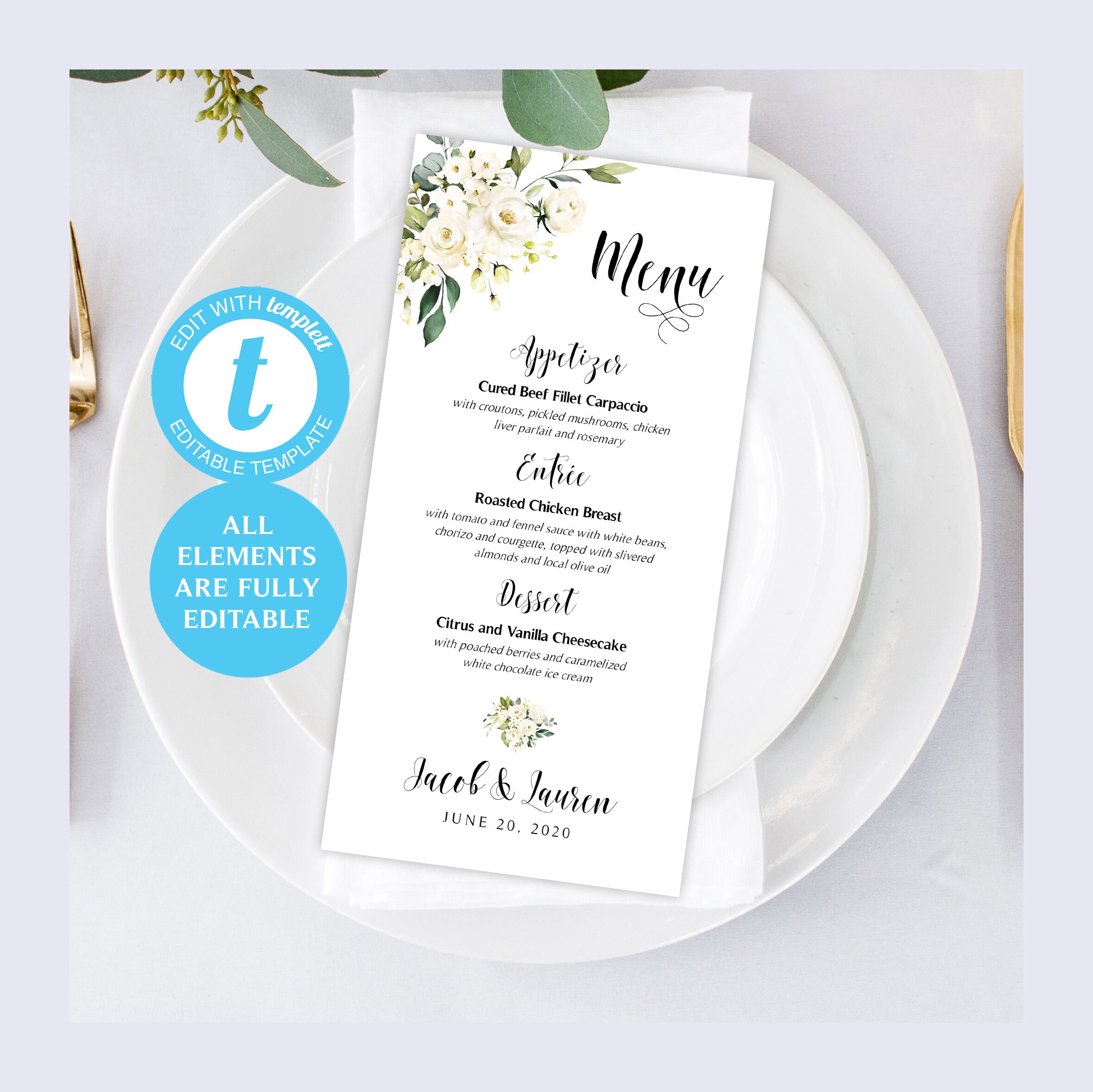 Editable Holiday Menu Template with greenery Templett Paper Invitations ...