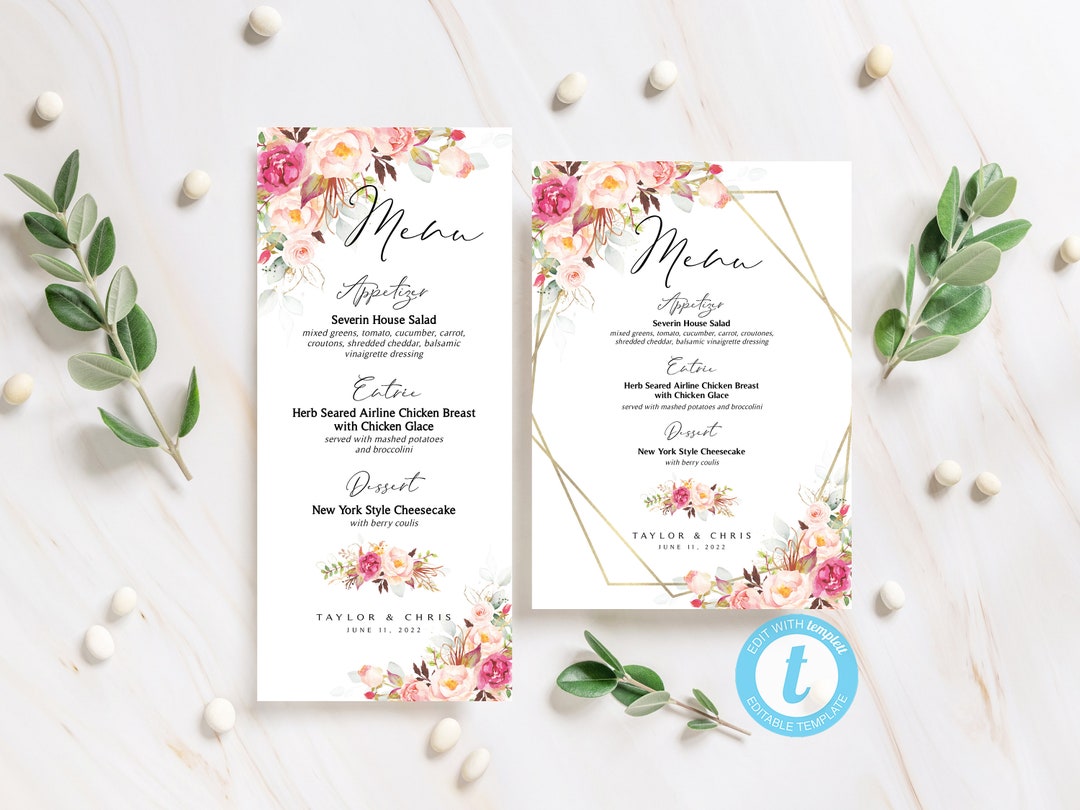 Pink Floral Menu Templates | Templett | Two Sizes | Wedding Menu Cards ...