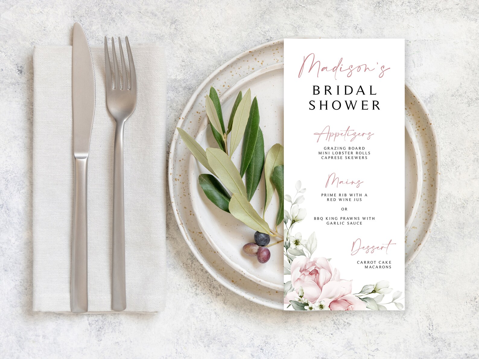Pink Floral Shower Menu Editable Menu Templett Two - Etsy