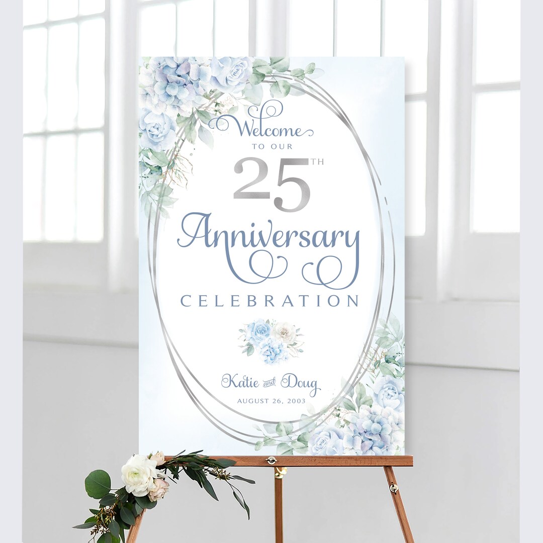 Light Blue Floral Floral Anniversary Welcome Sign and Bonus Printable ...
