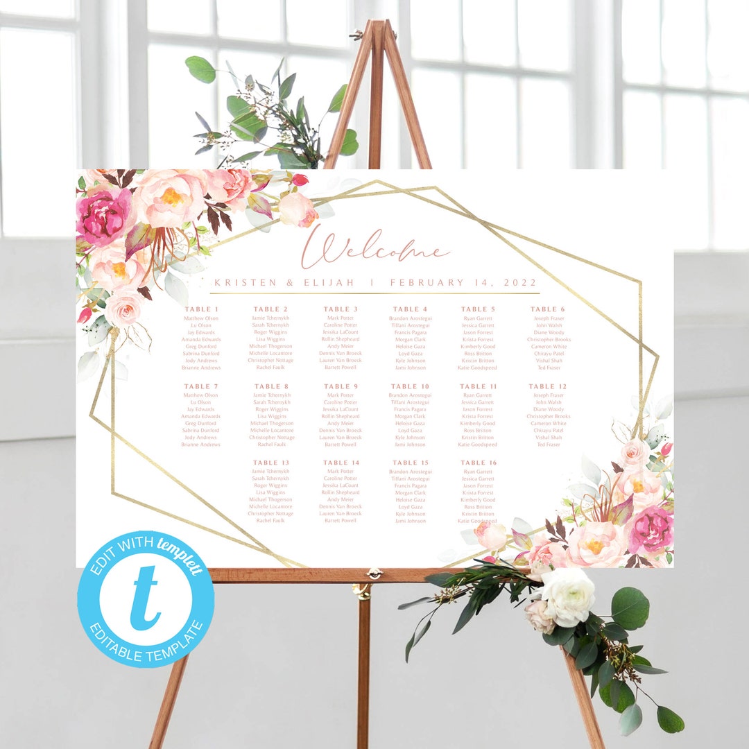 Pink Floral Wedding Seating Chart Template (24x36) (digital Download ...