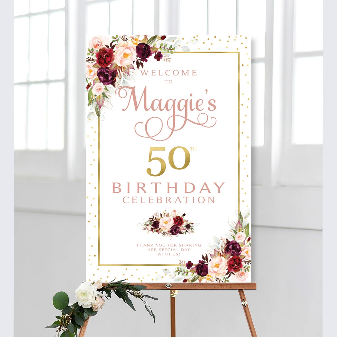 Burgundy Floral Birthday Welcome Sign: Personalized Party Decor ...