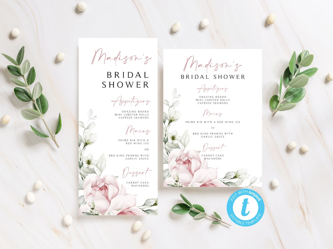 Pink Floral Shower Menu | Editable Menu | Templett | Two Templates ...