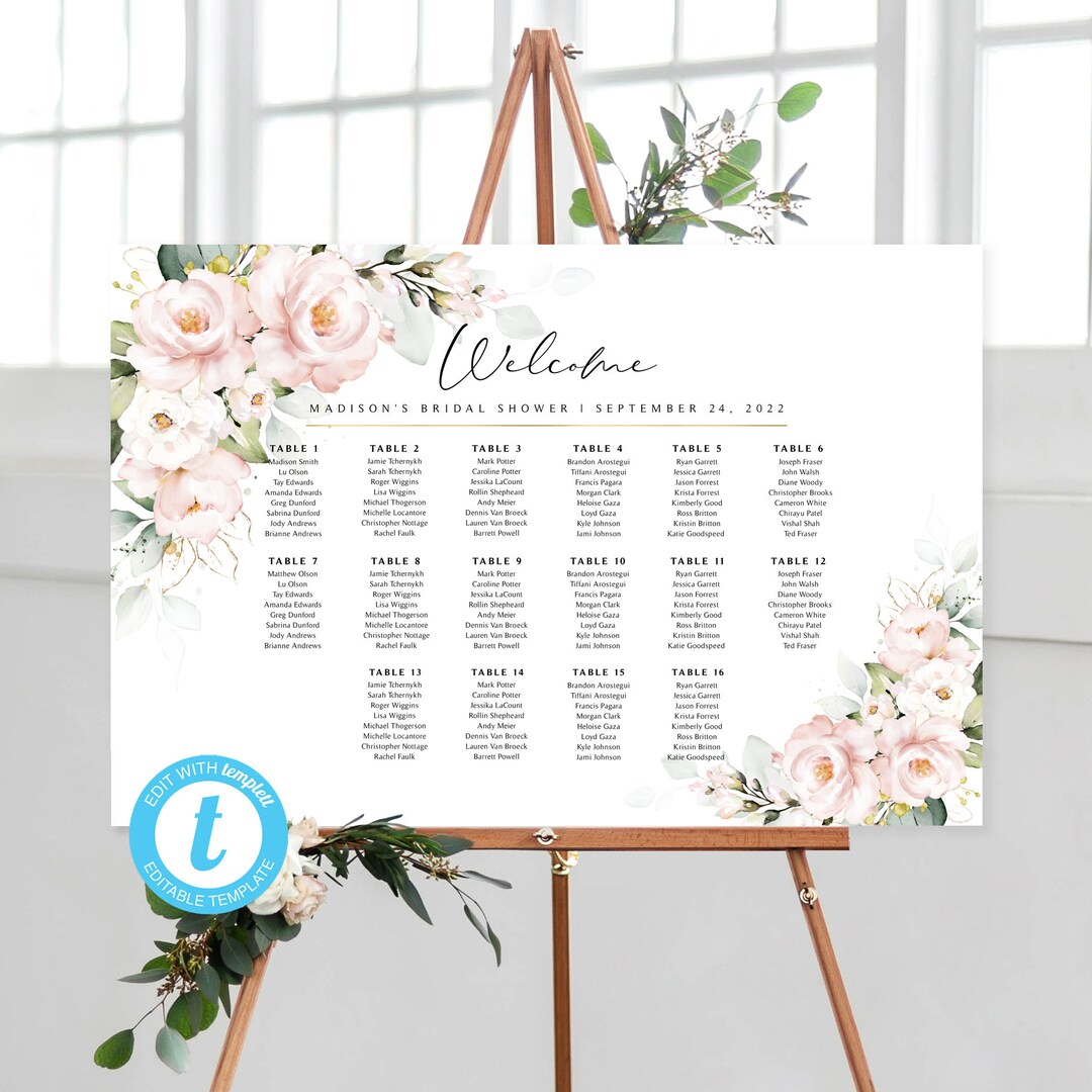 Pink Floral Seating Chart and Place Card Templates Templett 24 X 36 ...