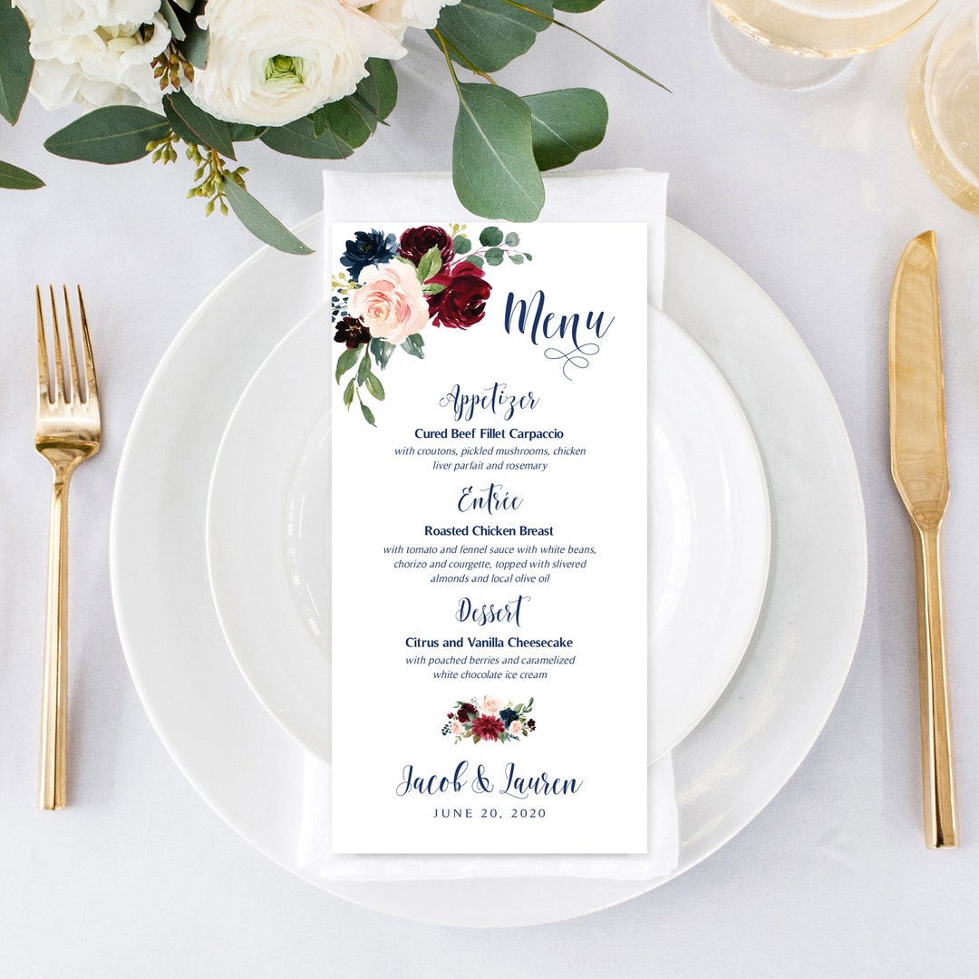 Personalized Floral Menu Card: Burgundy, Navy, Greenery (DIY Printable ...