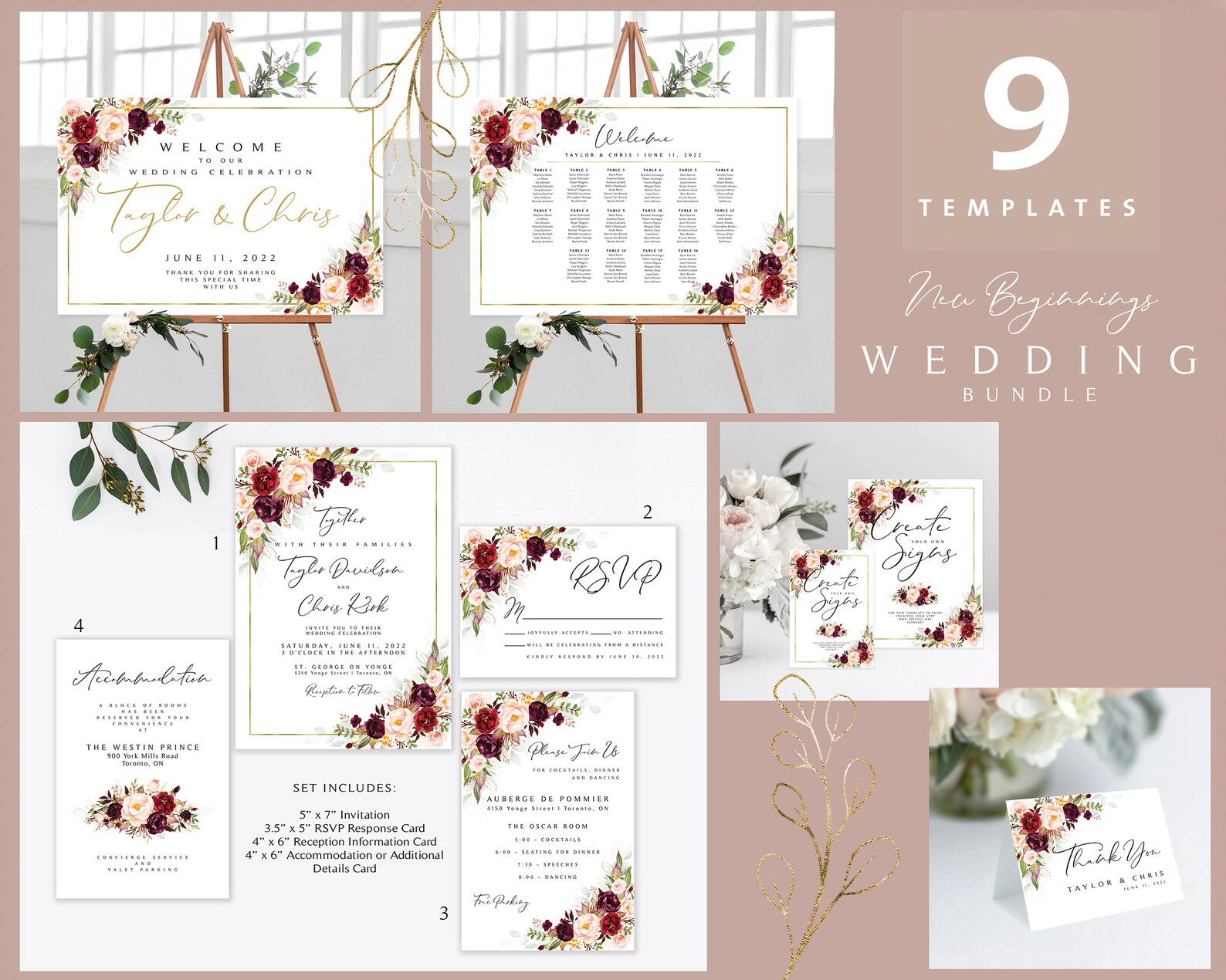 Burgundy Floral Small Wedding Bundle Including Invitation - Etsy