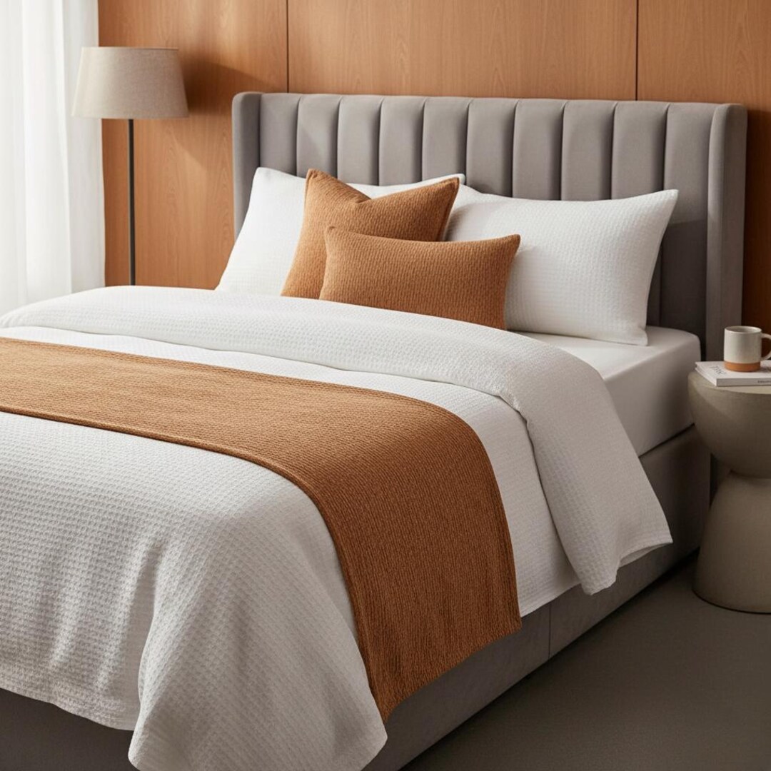 Textured Caramel Bed Runner With Matching Cushion Covers, Modern ...