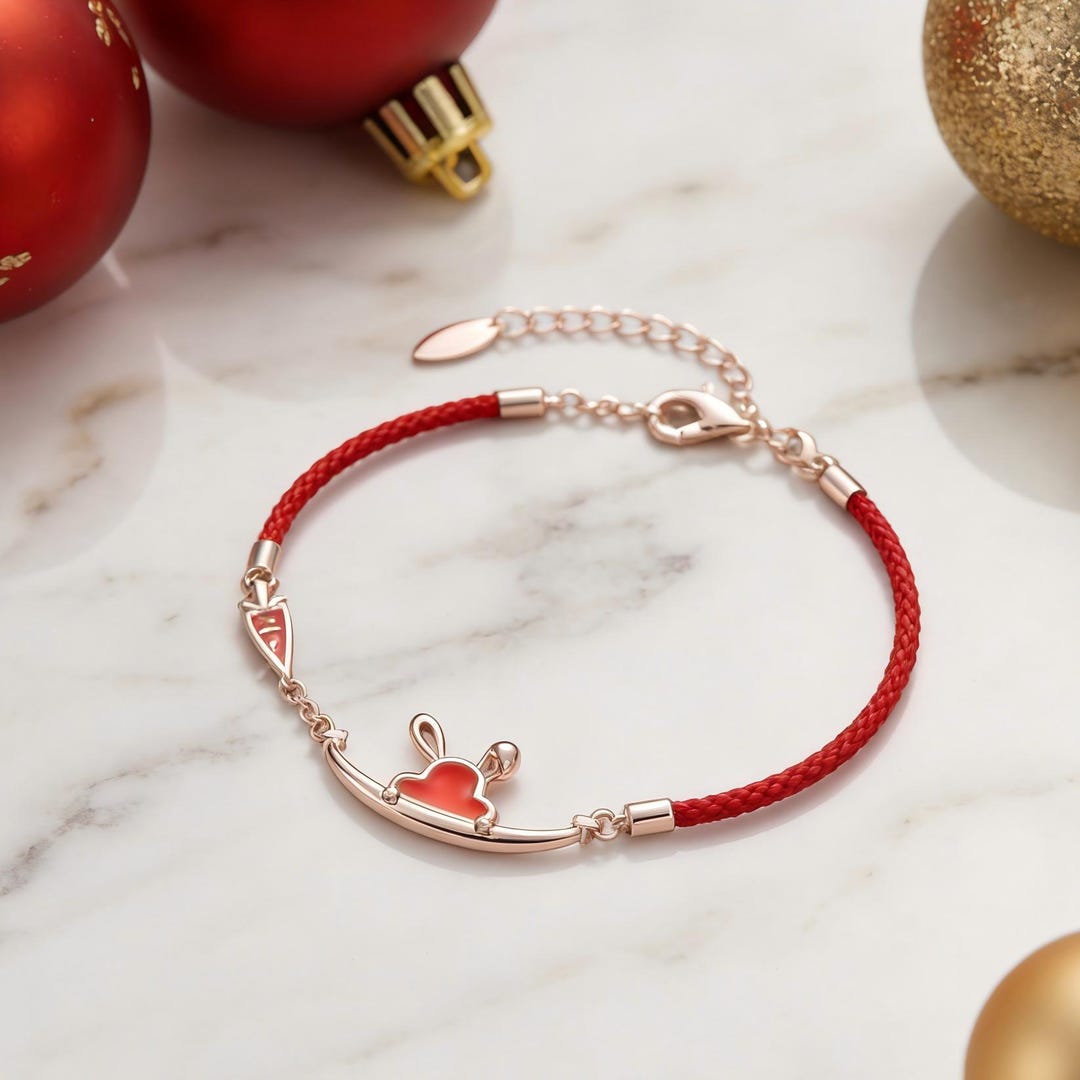Chinese Style Rabbit Bracelet, Red String Bunny Charm, Gold Plated ...