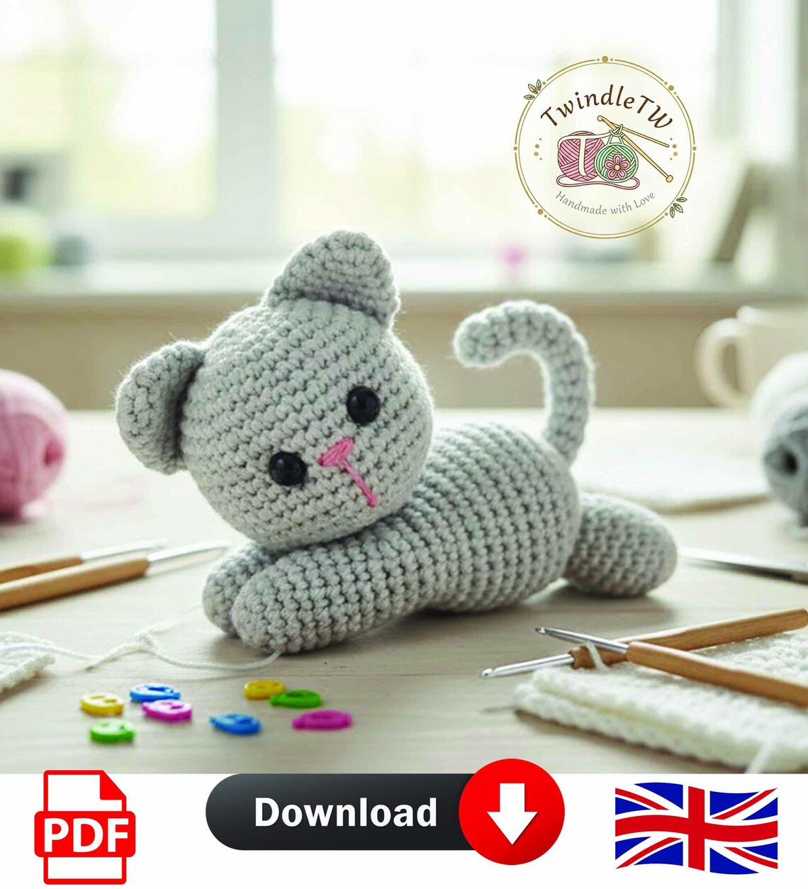 Lying Grey Cat Crochet Pattern PDF, Amigurumi Kitten Doll Tutorial ...