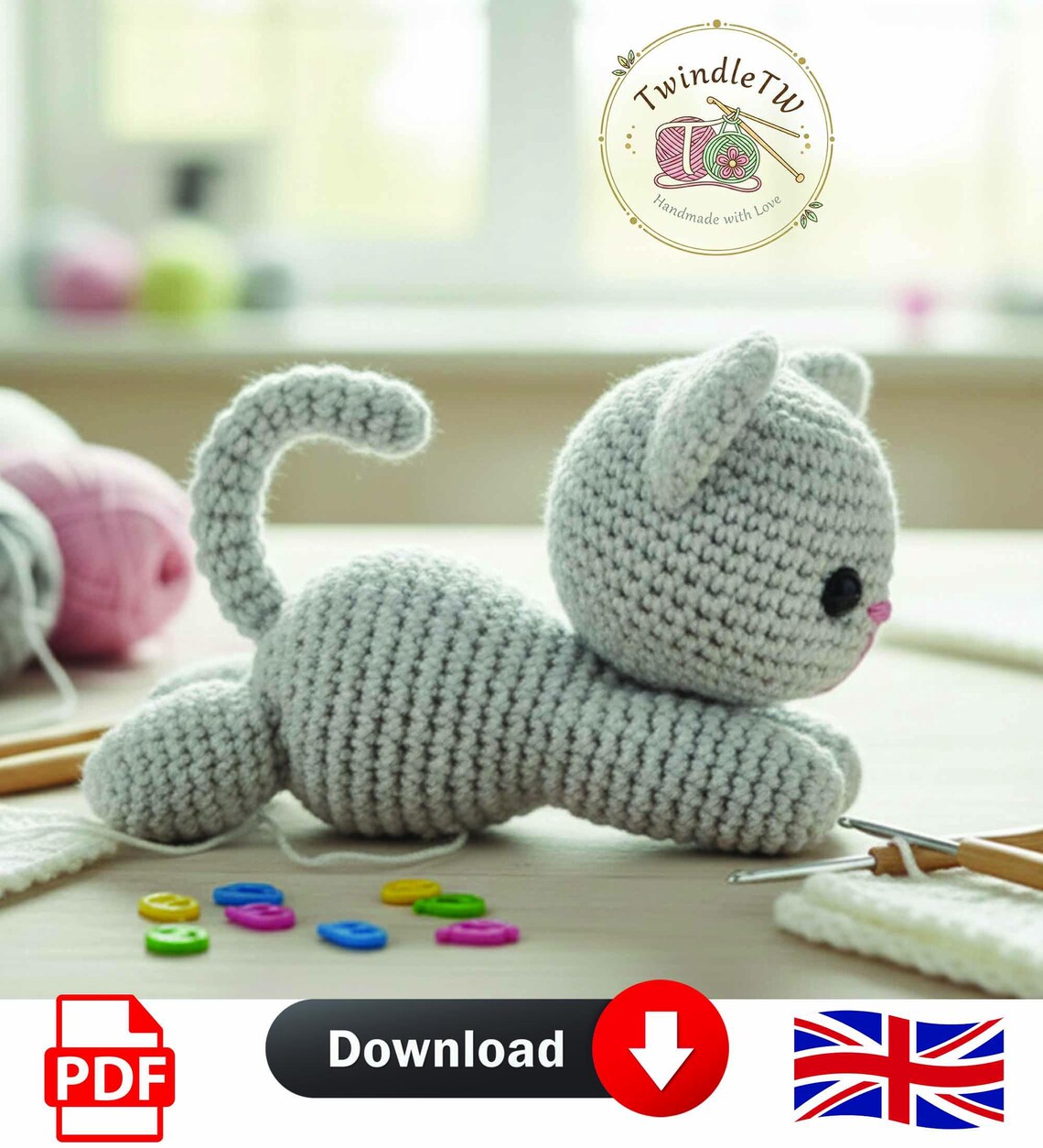 Lying Grey Cat Crochet Pattern PDF, Amigurumi Kitten Doll Tutorial ...