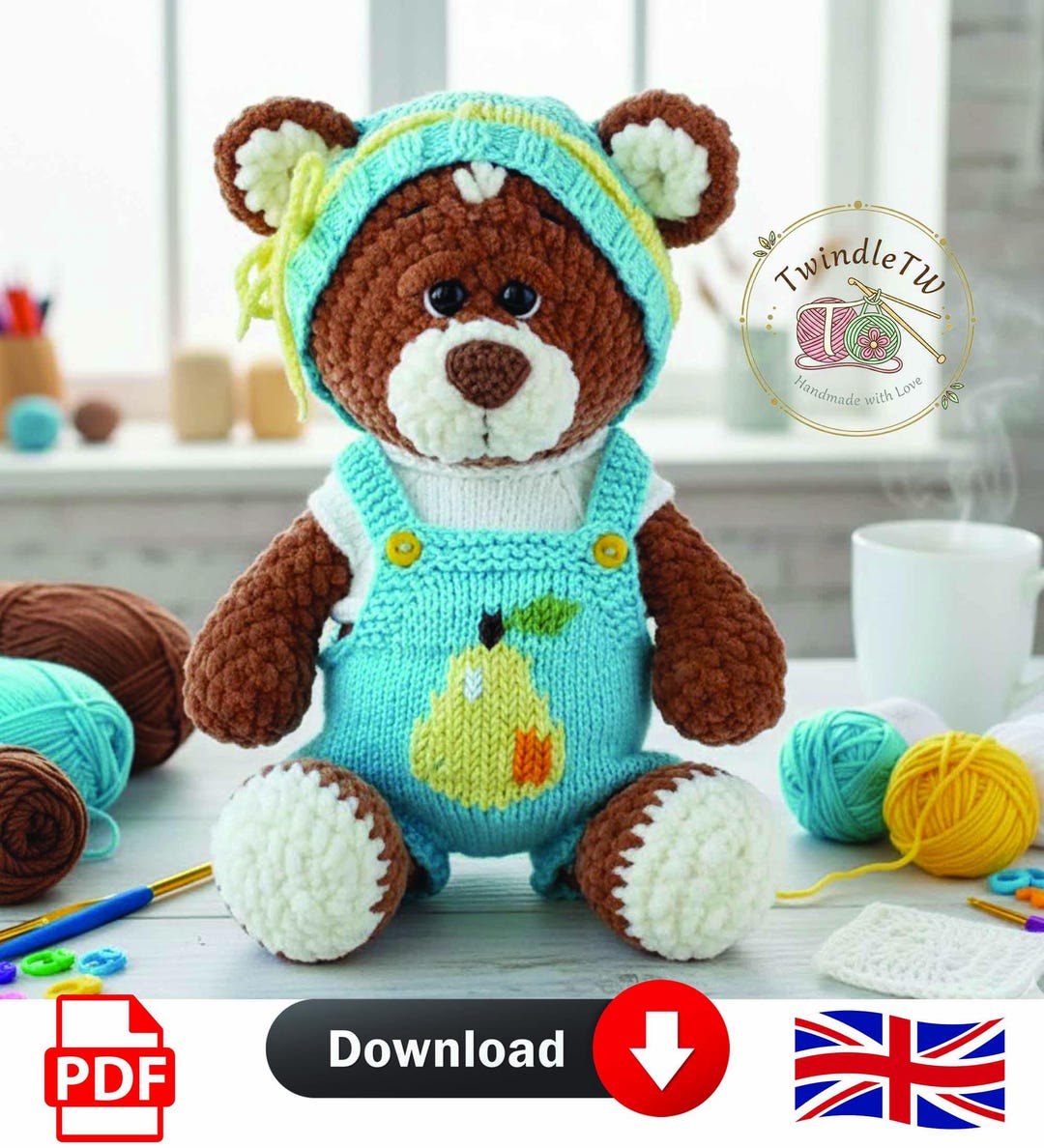 Teddy Bear in Pear Overalls Crochet Pattern PDF, Amigurumi Bear With ...