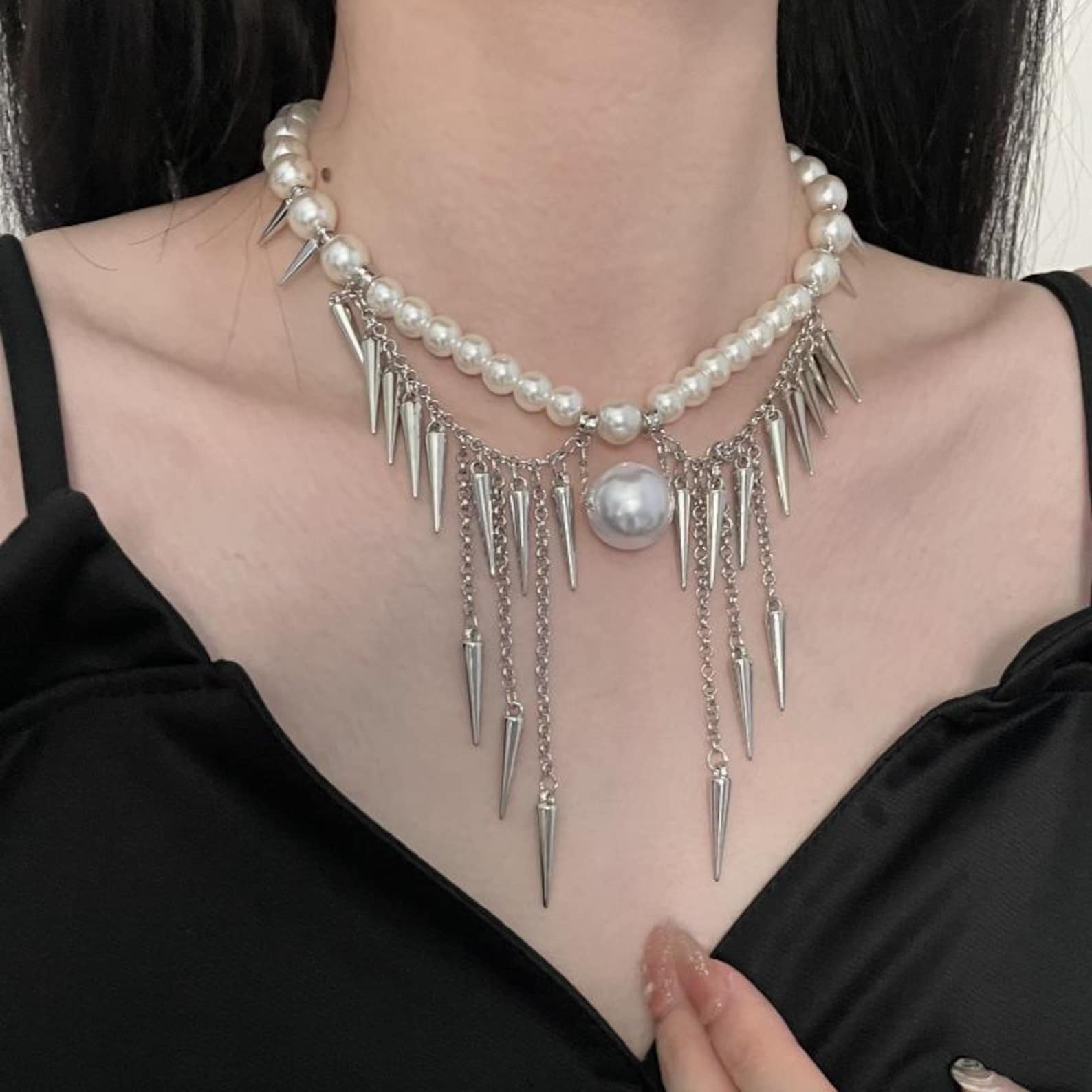 Edgy Pearl Spike Choker Necklace - Layered Punk Gothic Statement ...