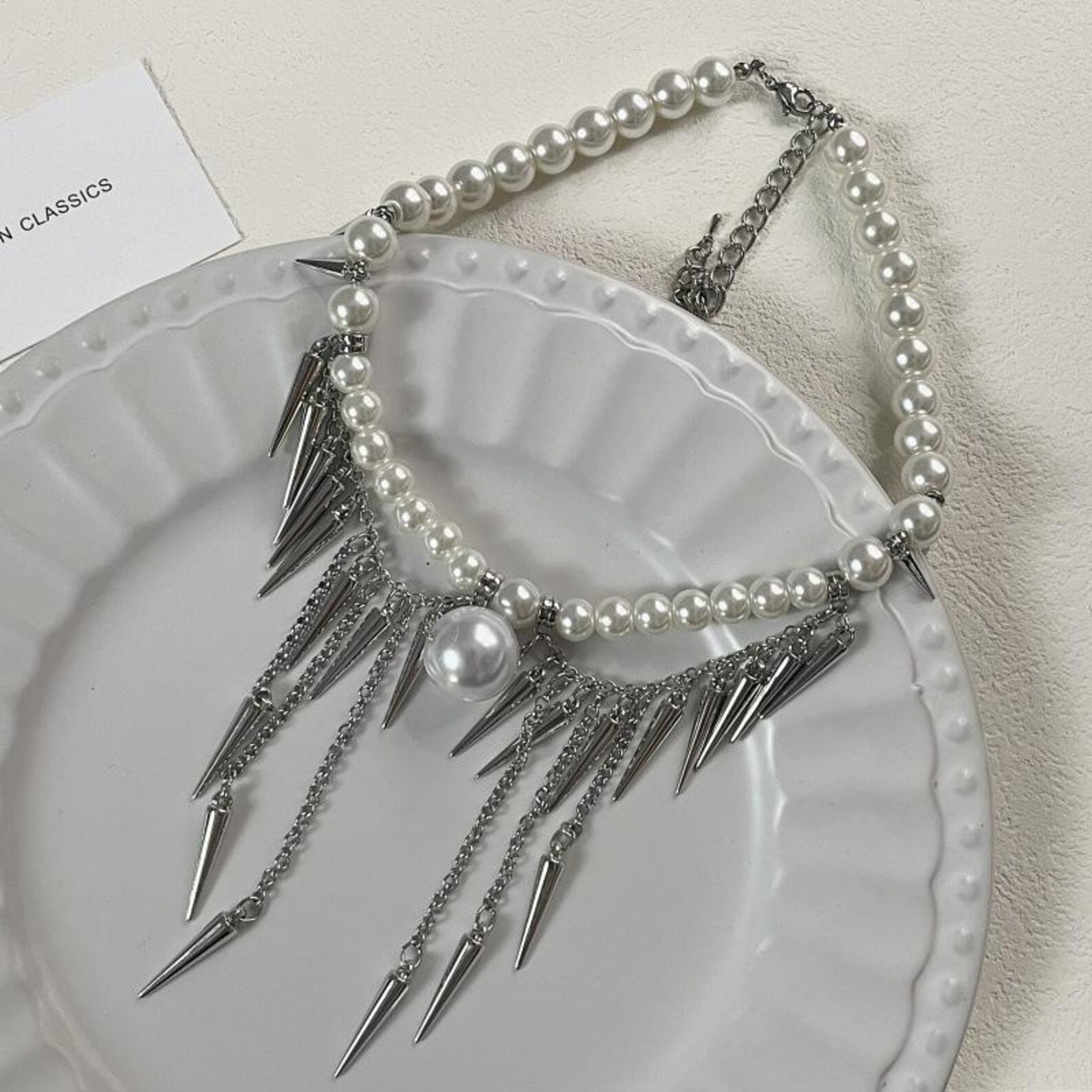 Edgy Pearl Spike Choker Necklace - Layered Punk Gothic Statement ...