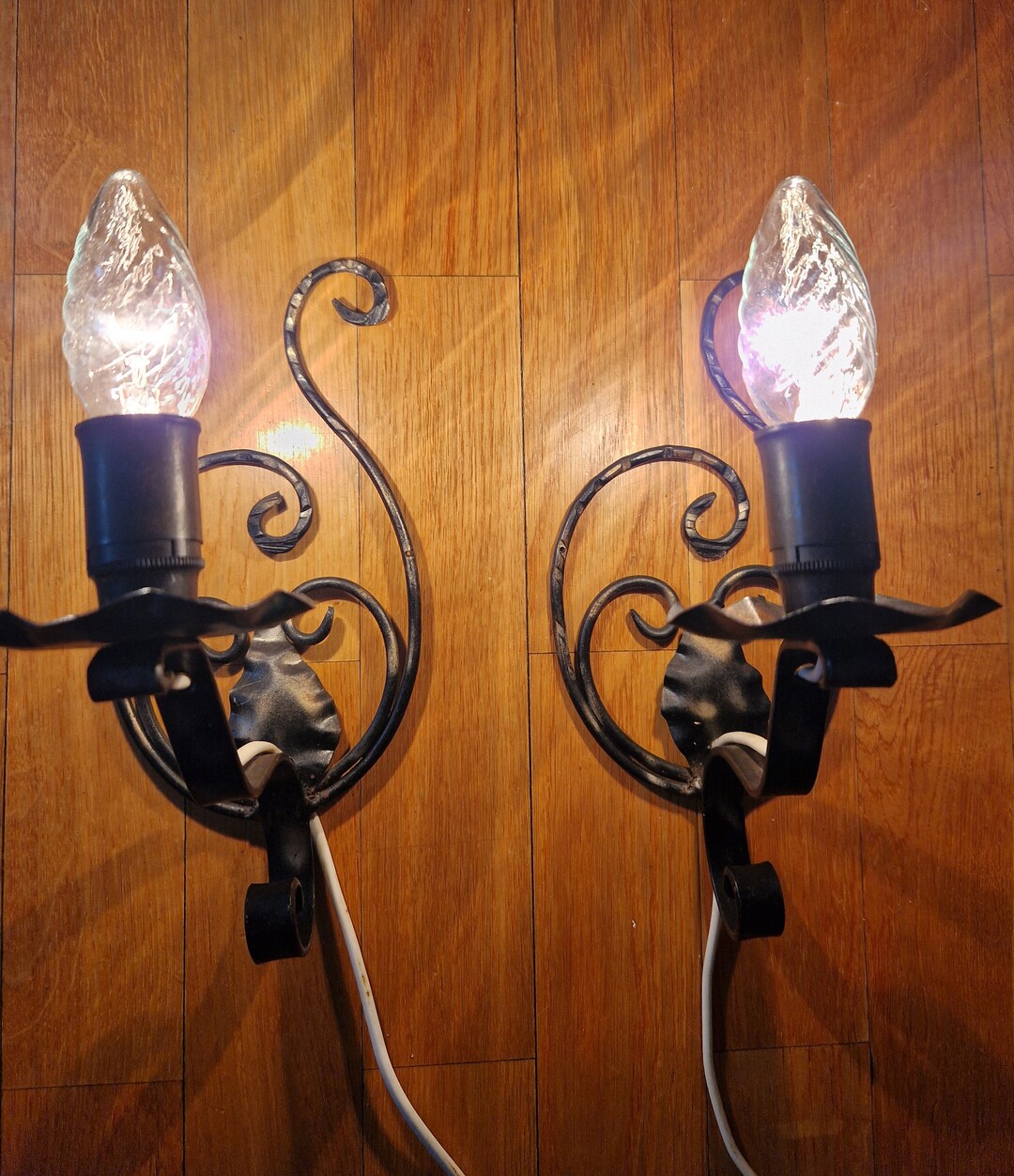 Black Metal Leaf Swirl Set of Two Norwegian Wrought Iron Lamps Sconces ...