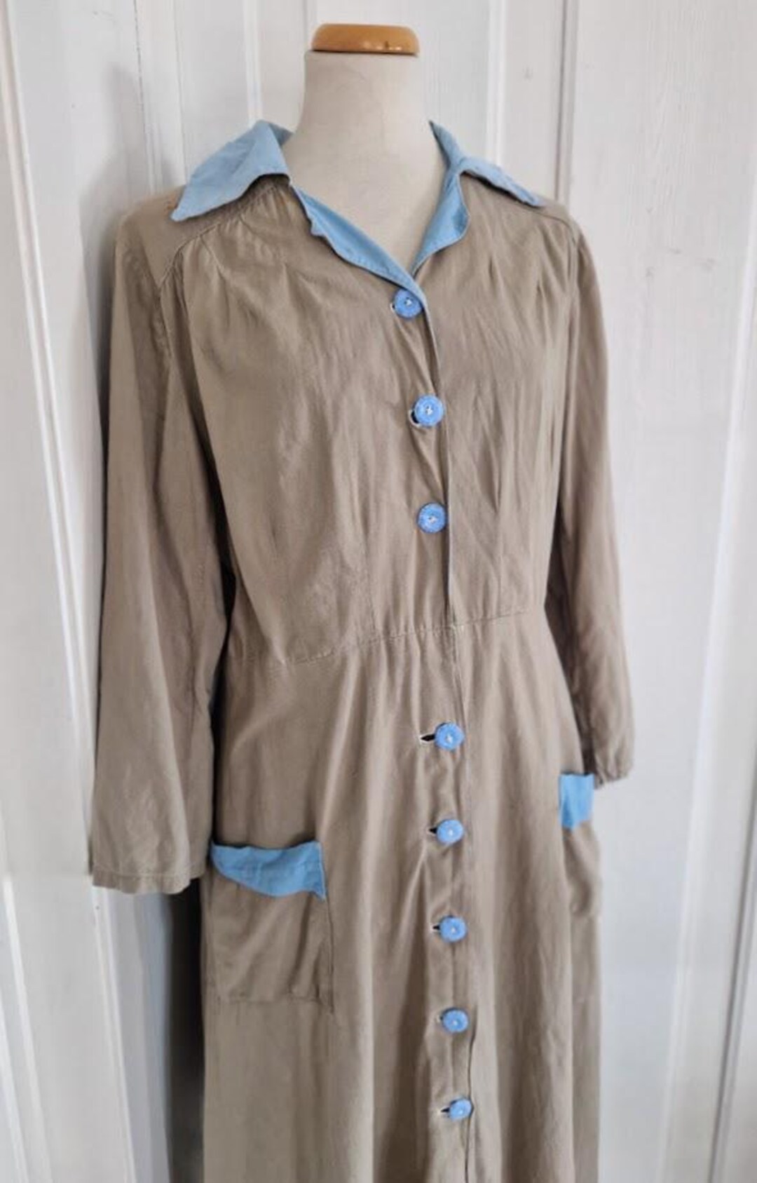 30s 40s Chore Work Wear Uniform Shirtwaist Dress Blue Collar Cotton ...