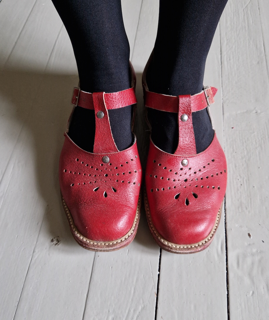 40s 30s Red Leather Cut Out Shoes Mary Janes Sandals Norwegian Size EU ...
